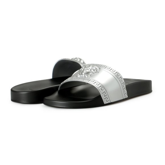 Versace | Shoes | Versace Mens Silver Tone Medusa Head Embossed Pool ...